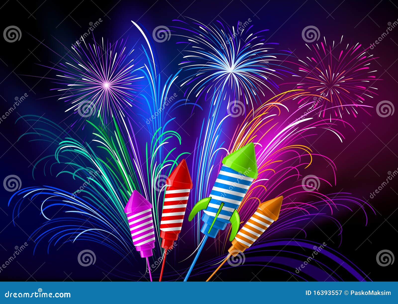 Vuurwerk en raketten vector illustratie. Illustration of feest - 16393557