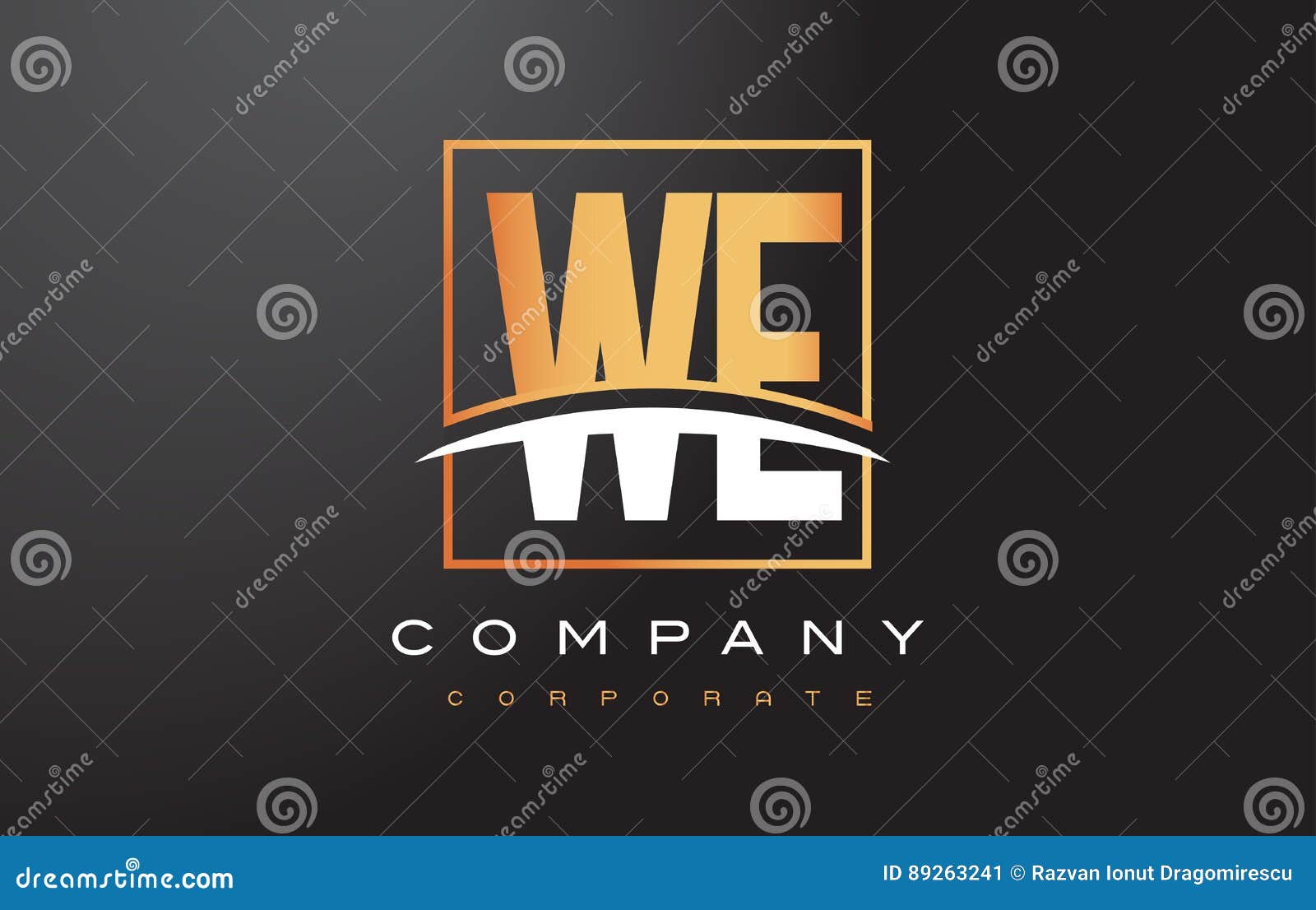 We W E Golden Letter Logo Design with Gold Square and Swoosh. Stock ...
