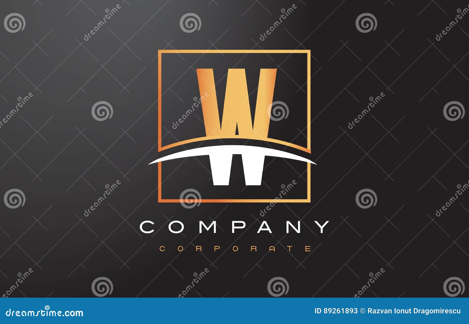 W Golden Letter Logo Design with Gold Square and Swoosh. Stock Vector ...