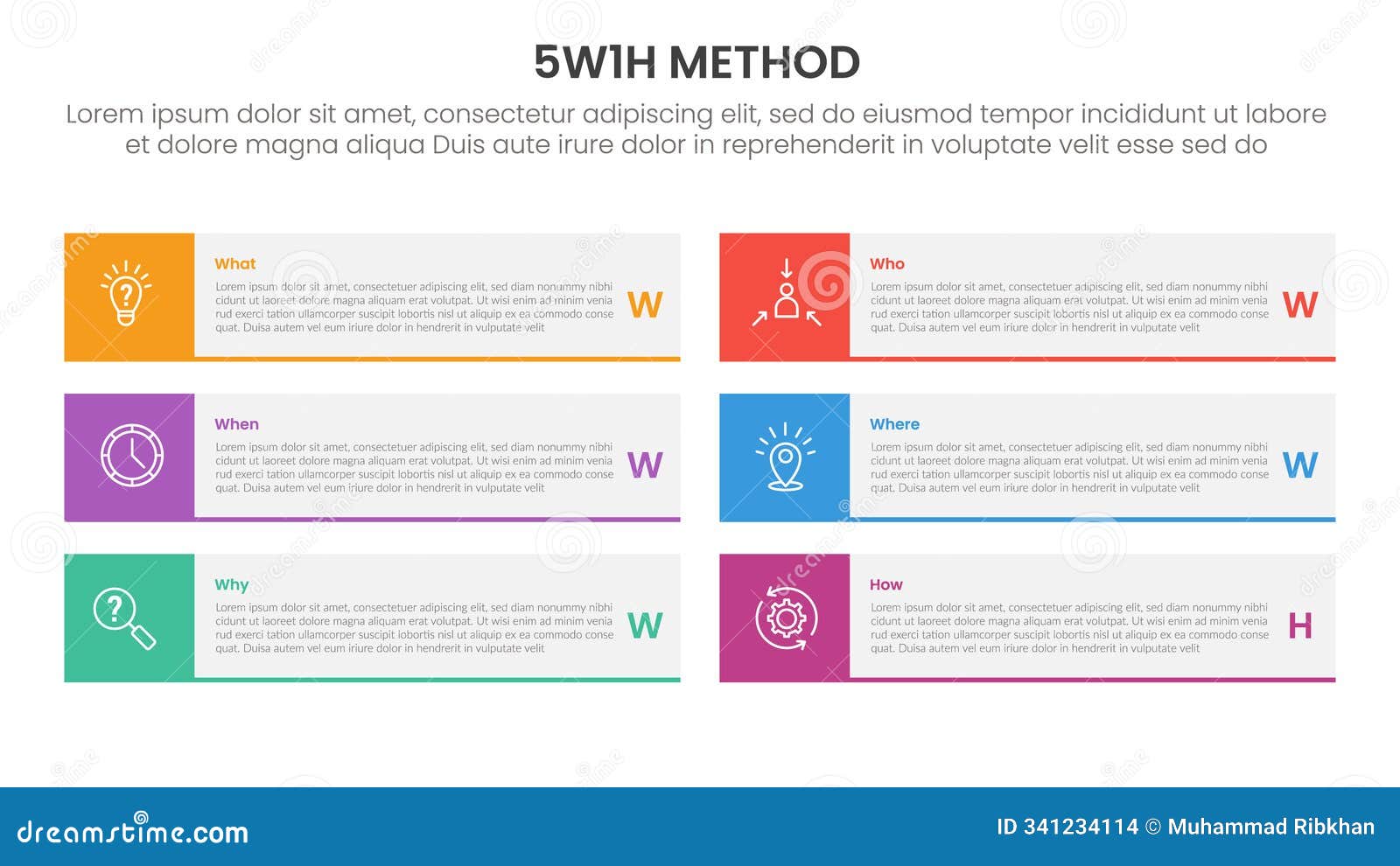 5W1H Analysis Infographic with Big Rectangle and Square Badge with 6 ...