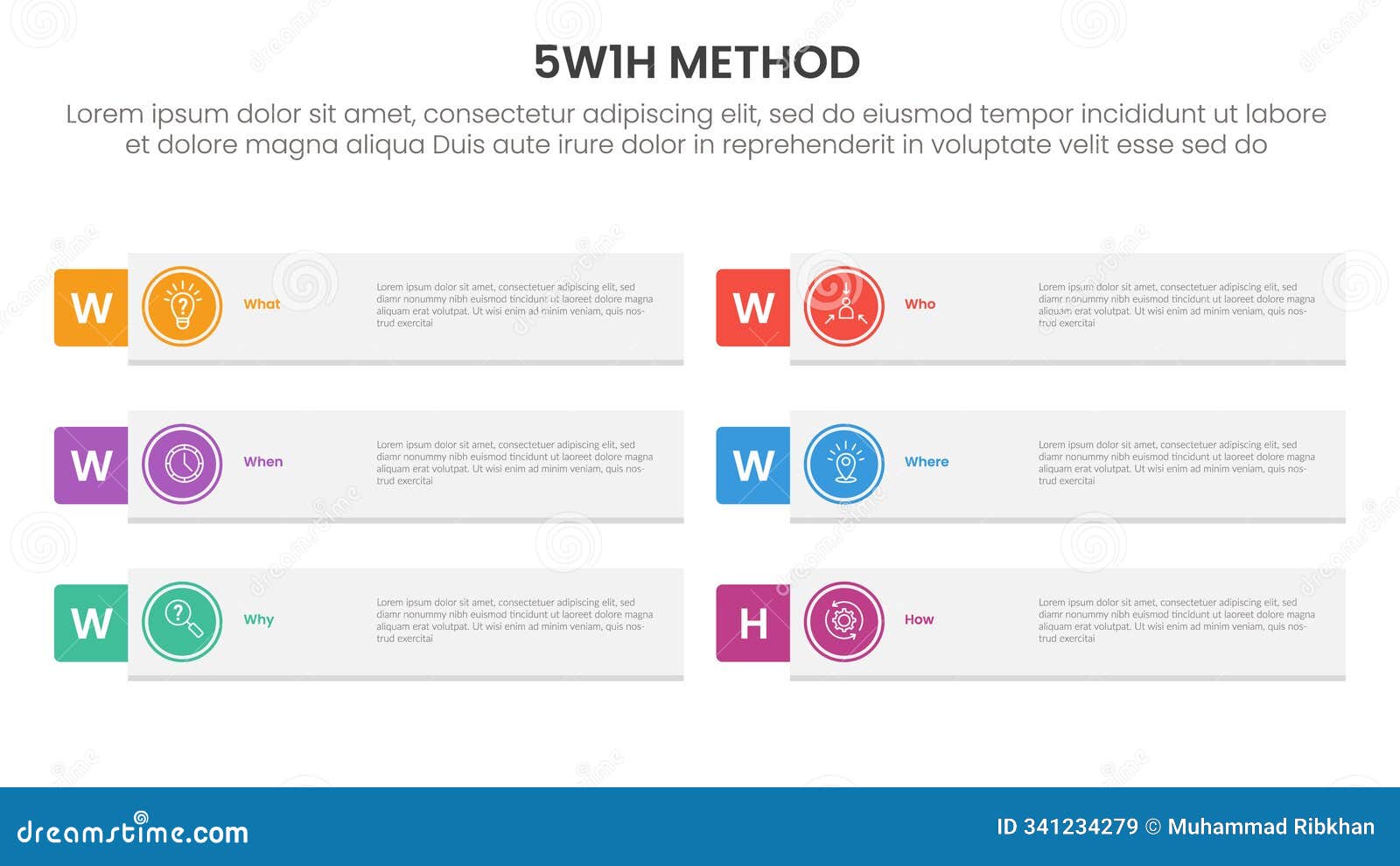 5W1H Analysis Infographic with Long Rectangle Shape and Outline Circle ...