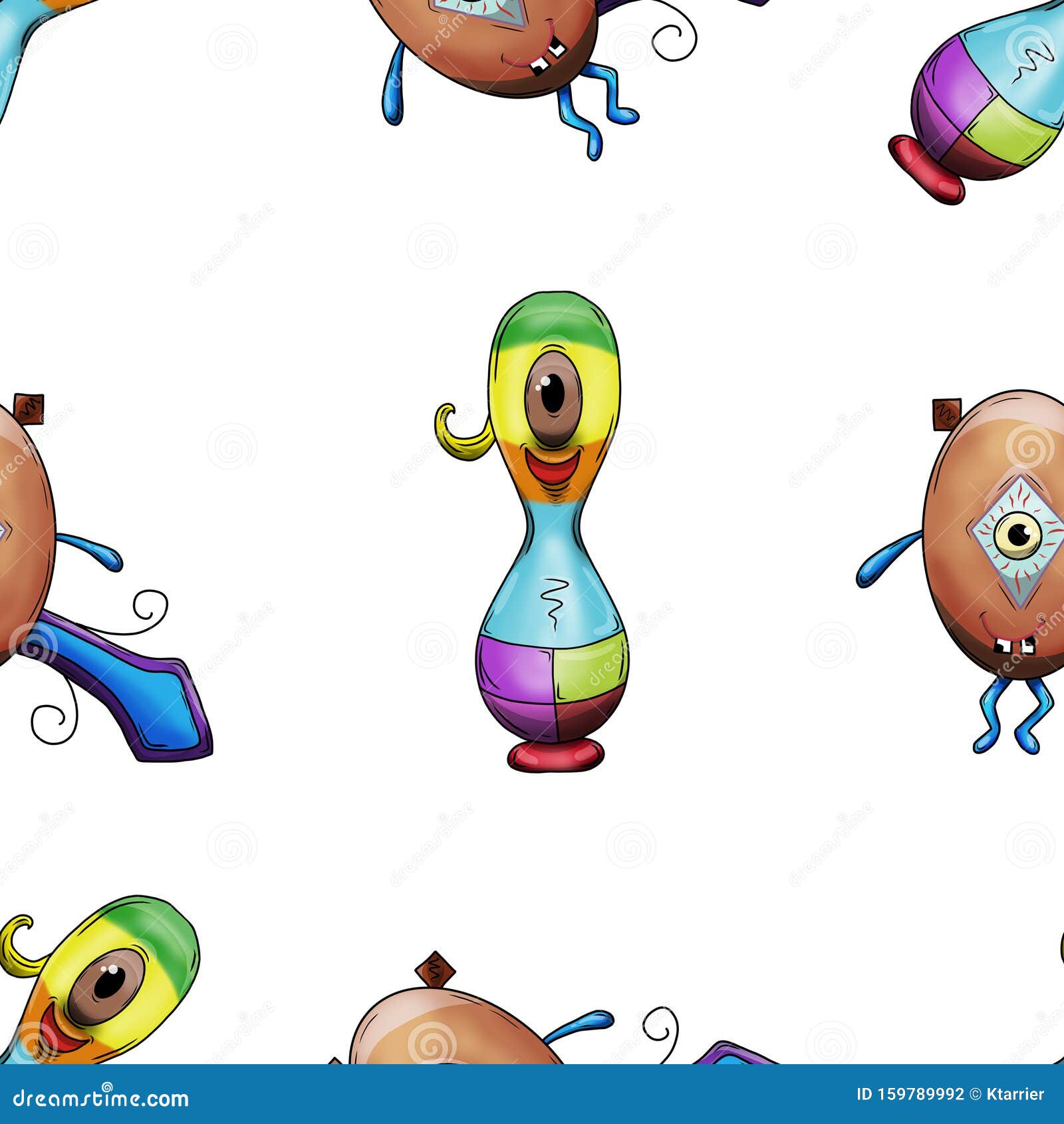 Wacky, Crazy Space Alien or Monster Cartoon. Seemless Pattern. Computer ...