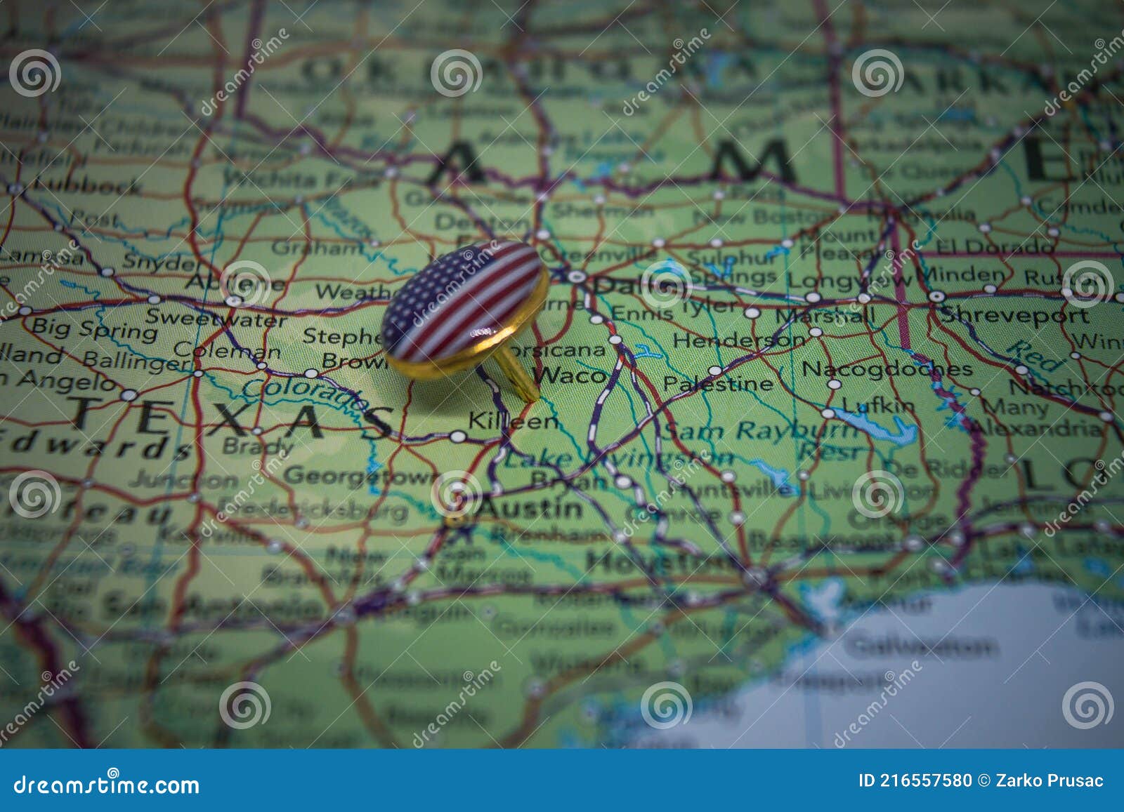 Waco, Texas Pinned on a Map with USA Flag Stock Photo - Image of focus ...