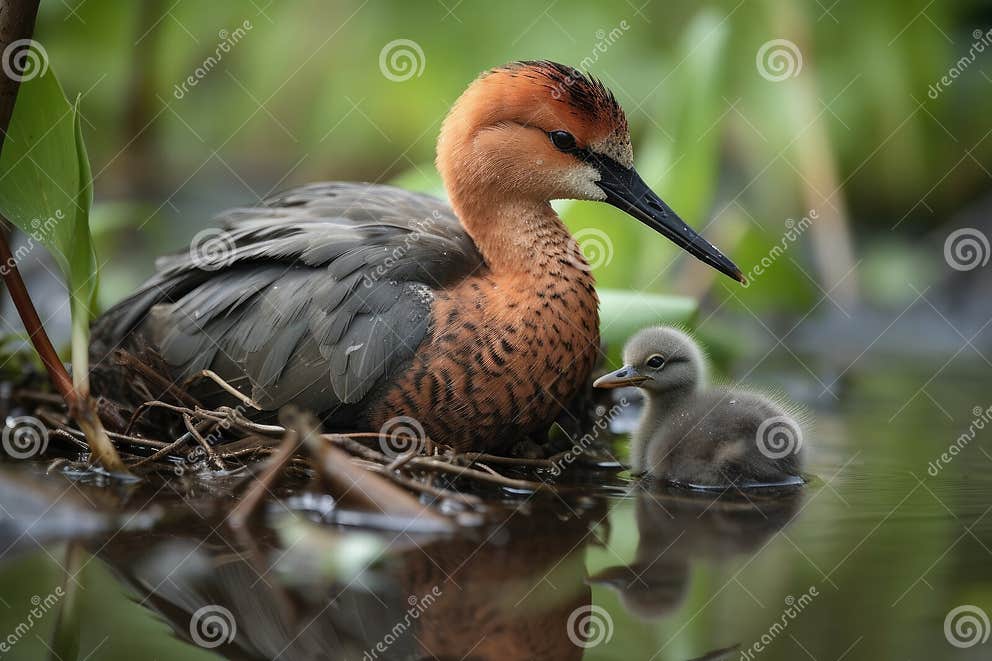 Wading Bird with Tiny Chick in Its Nest Stock Illustration ...