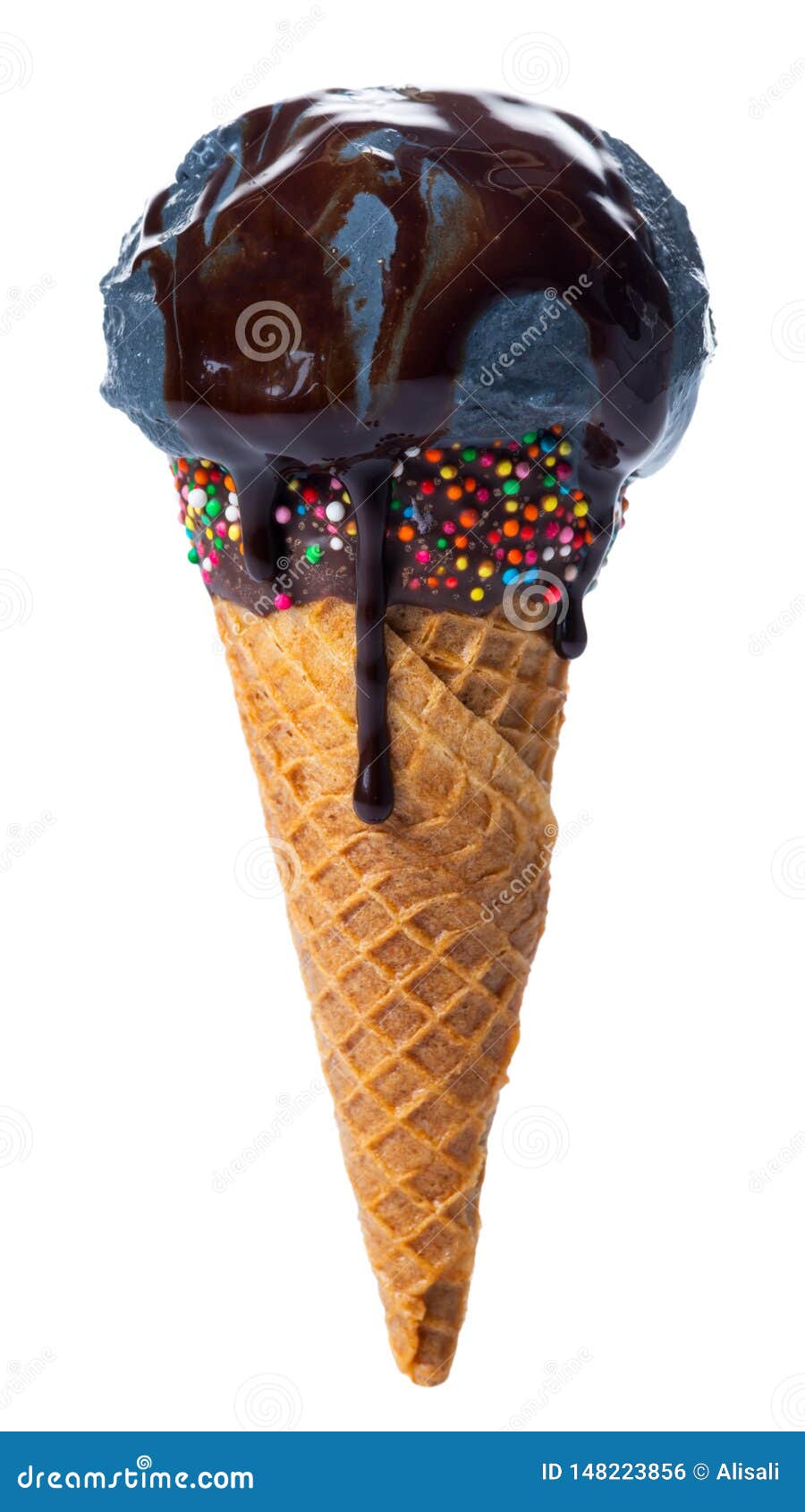 Wafer Cone Decorated Colorful Sprinkles And Chocolate Icing With Black