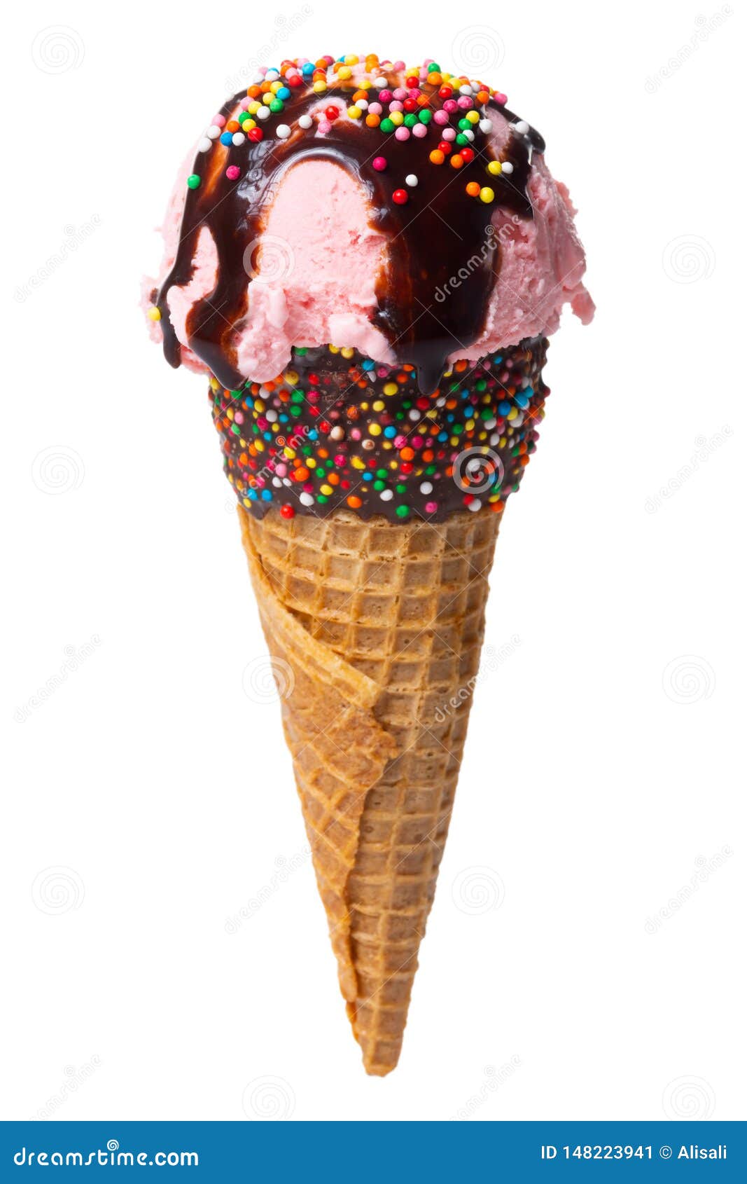 Wafer Cone Decorated Colorful Sprinkles And Chocolate Icing With Pink