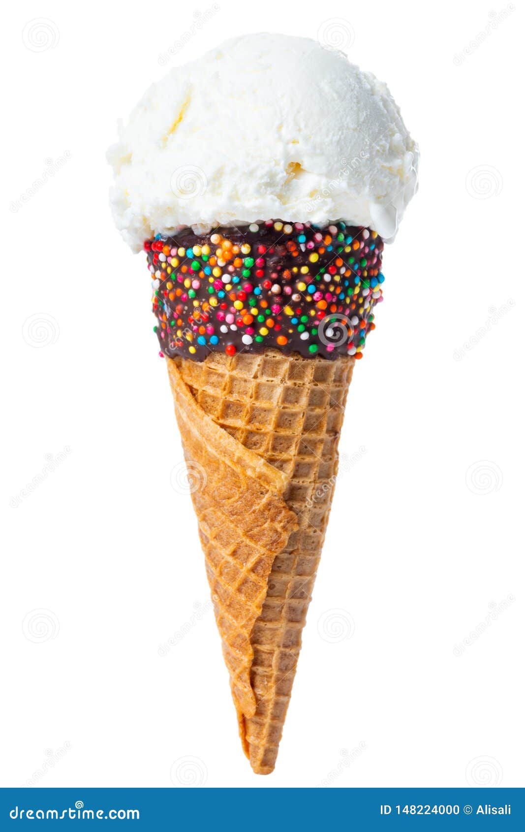 Wafer Cone Decorated Colorful Sprinkles With White Scoop Of Ice Cream