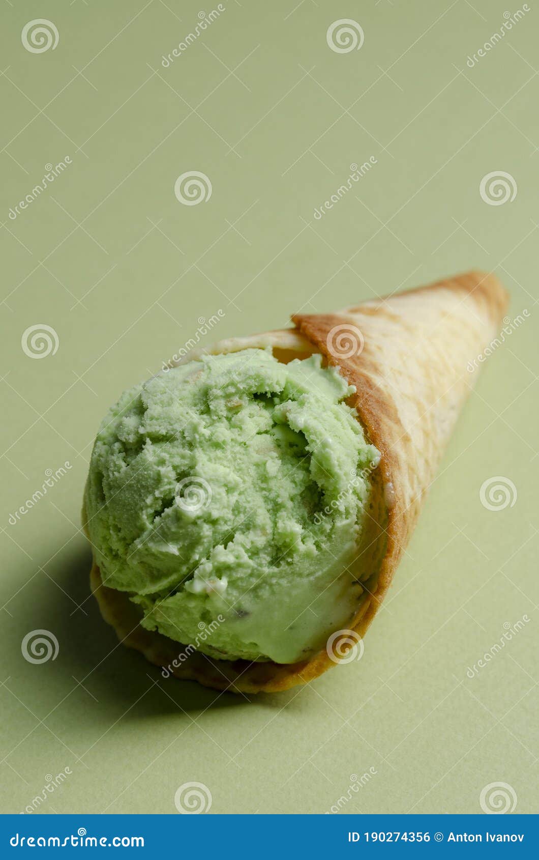 Wafer Cone with Pistachio Ice Cream. Close Up Stock Photo - Image of ...