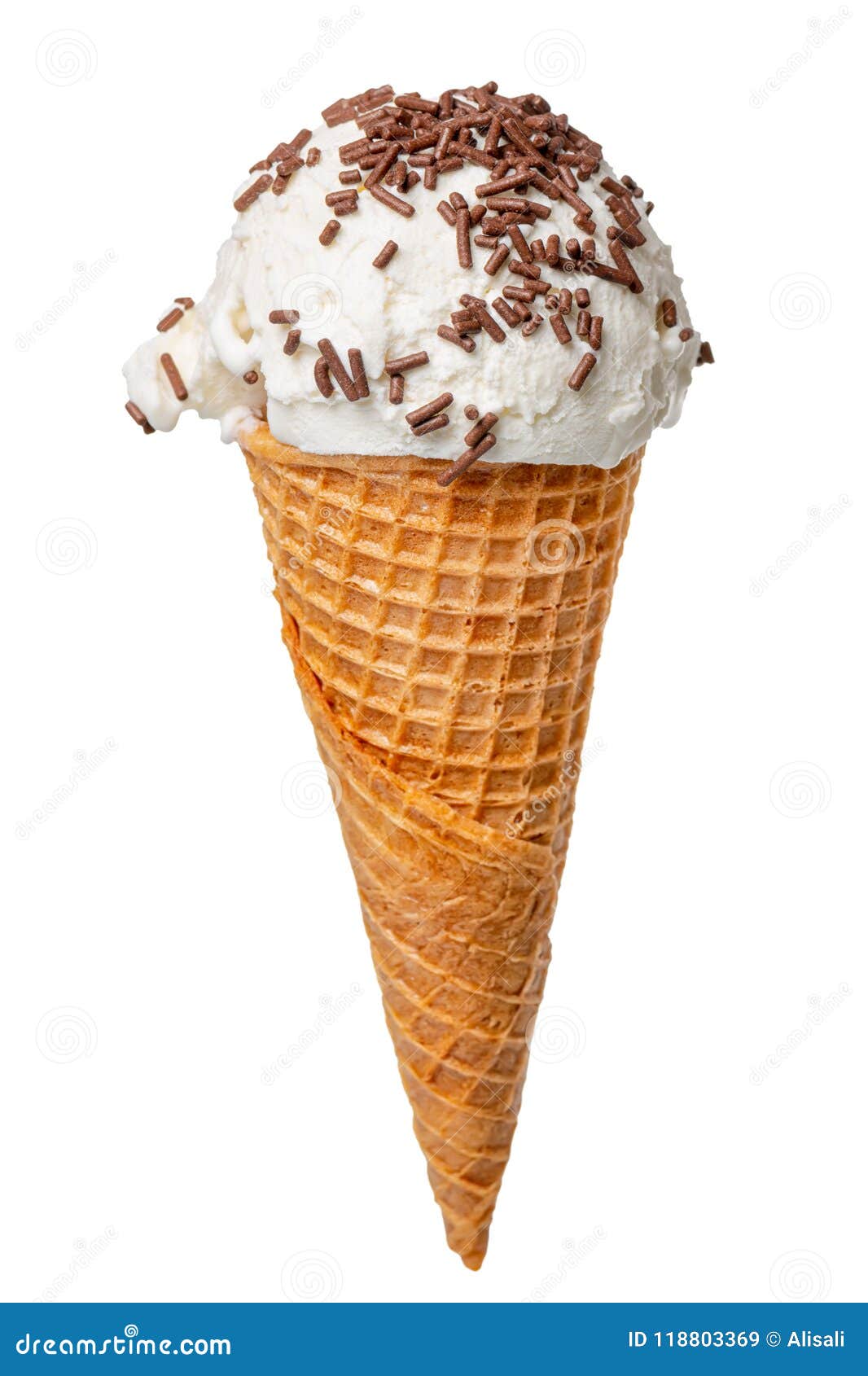 Wafer Cone With White Scoop Of Ice Cream And Chocolate Sprinkles Stock