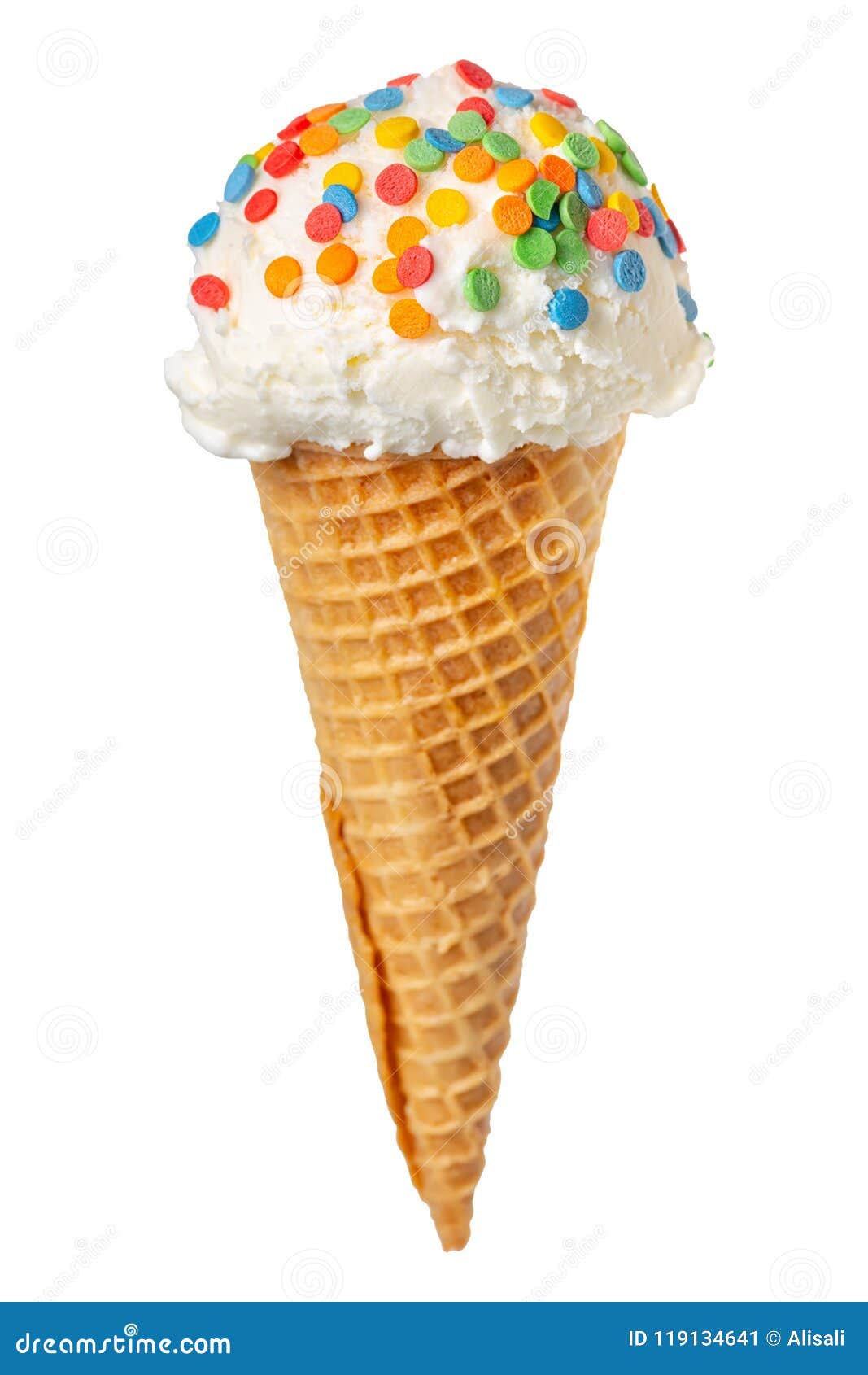 Wafer Cone With White Scoop Of Ice Cream And Colorful Sprinkles Stock