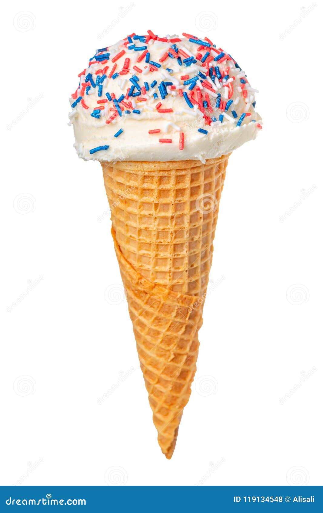 Wafer Cone With White Scoop Of Ice Cream And Sprinkles Isolated Stock