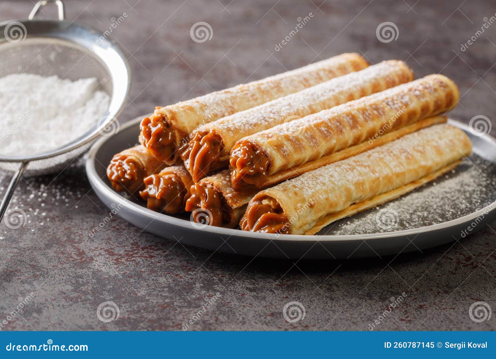 Wafer Rolls with Condensed Milk. Thin and Crispy Waffle. Horizontal ...