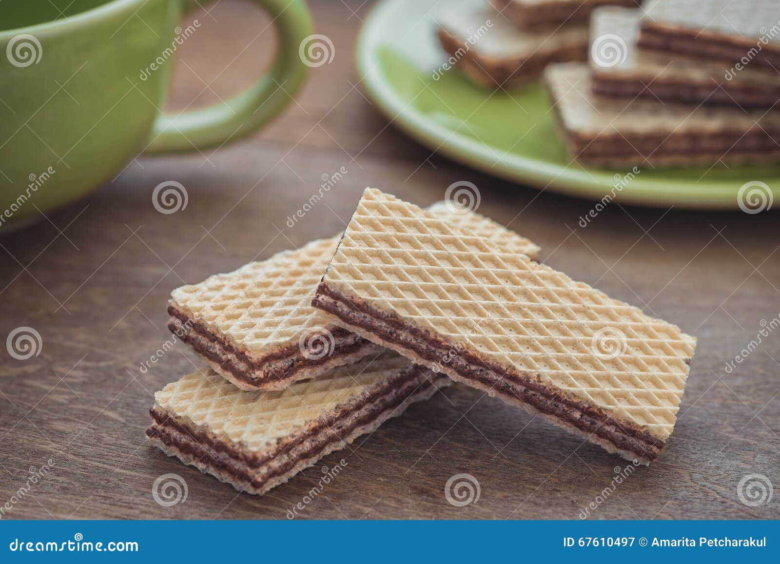 Wafers with Chocolate on Wooden Table and Coffee Cup Stock Image ...