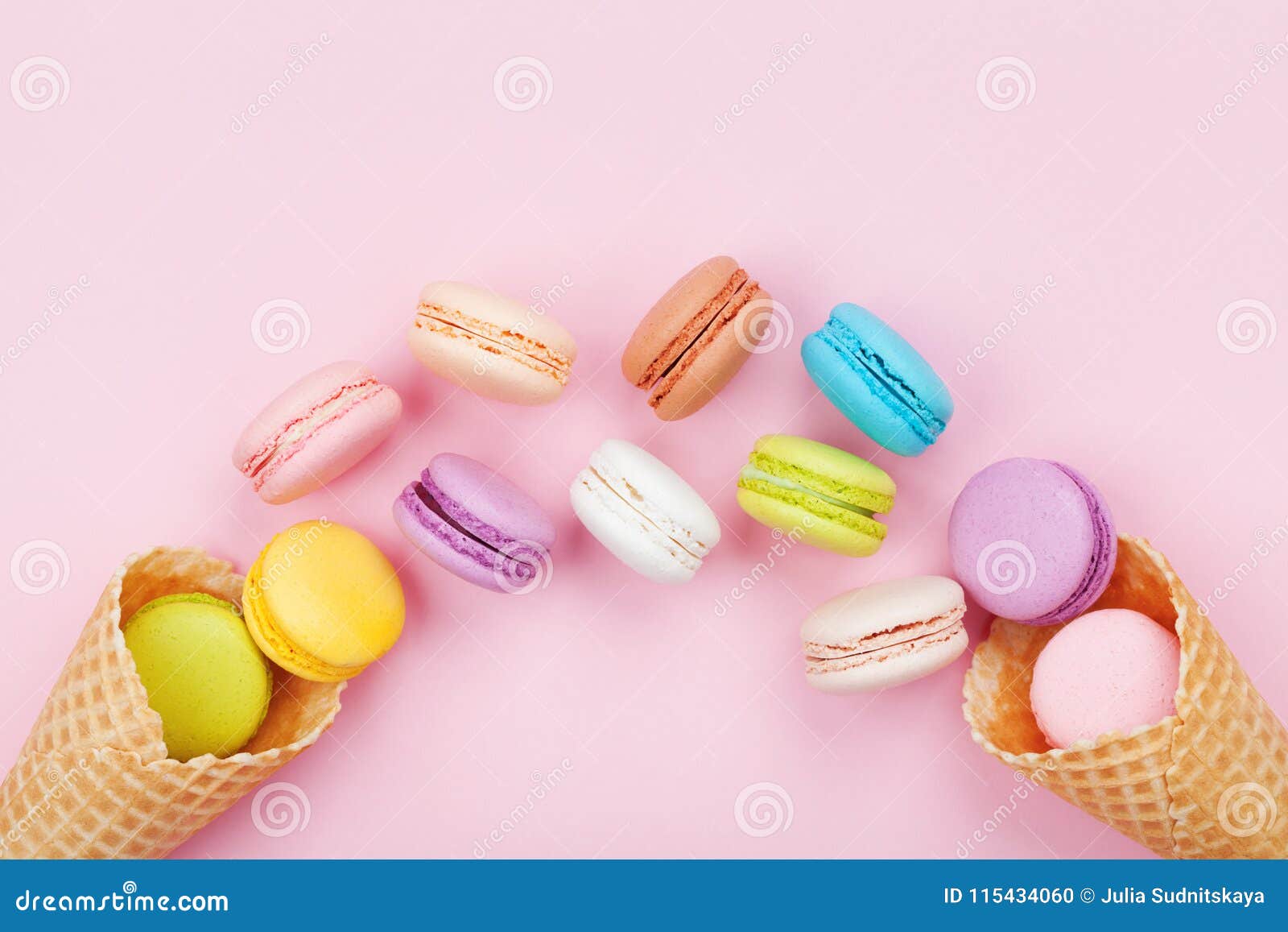 Waffle Cone with Cake Macaron or Macaroon on Pink Pastel Background Top View. Flat Lay ...