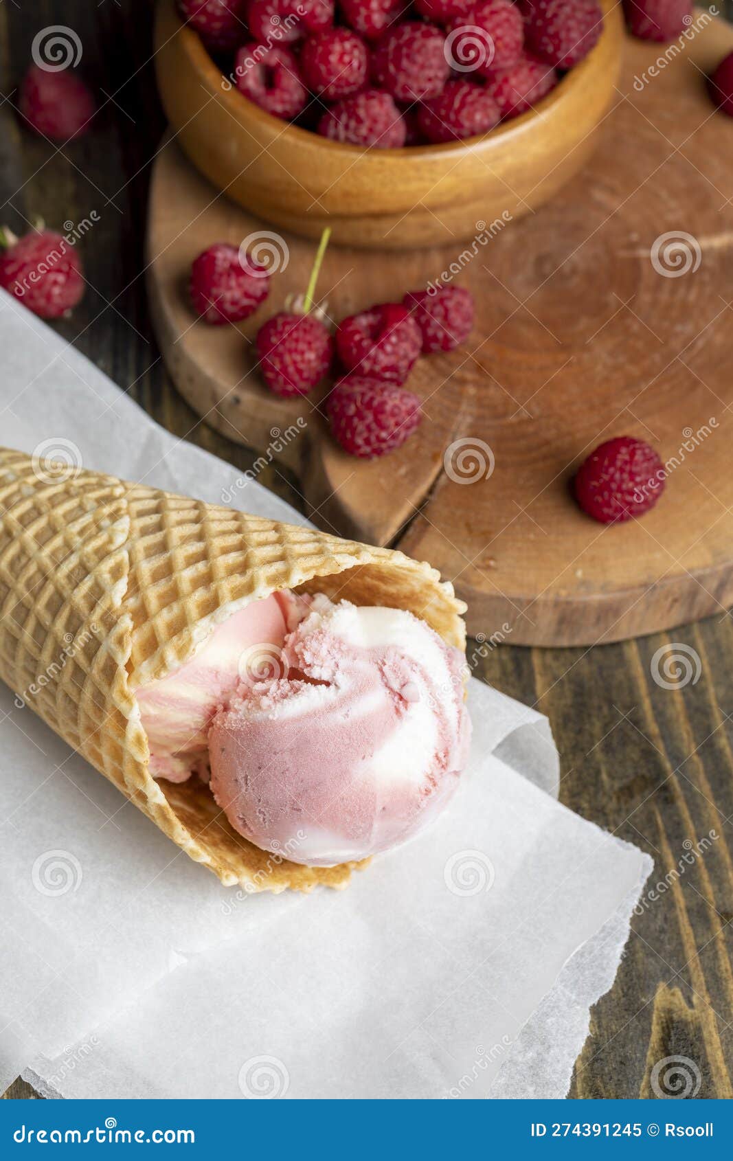 Waffle Cone with White Pink Cream Ice Cream and Raspberries Stock Image ...