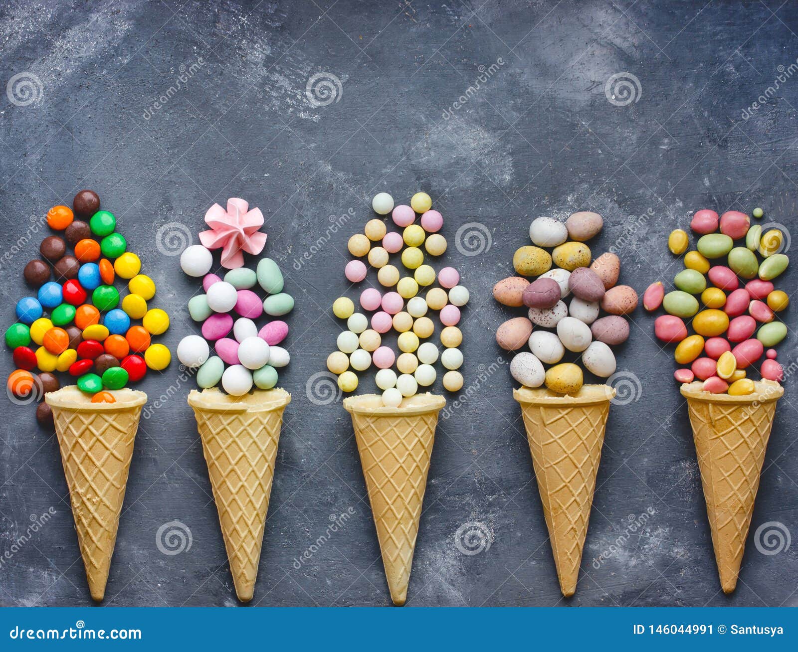 Waffle Cones with Candy Sweets Stock Image - Image of chocolate, flat ...