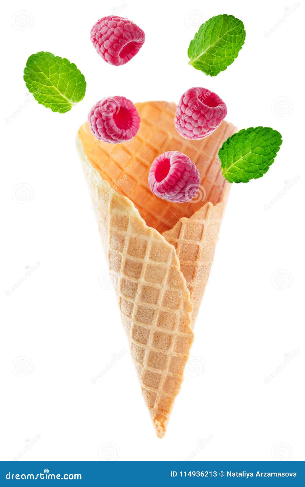 Waffle Cones with Flying Raspberries and Mint Leaves Stock Image ...