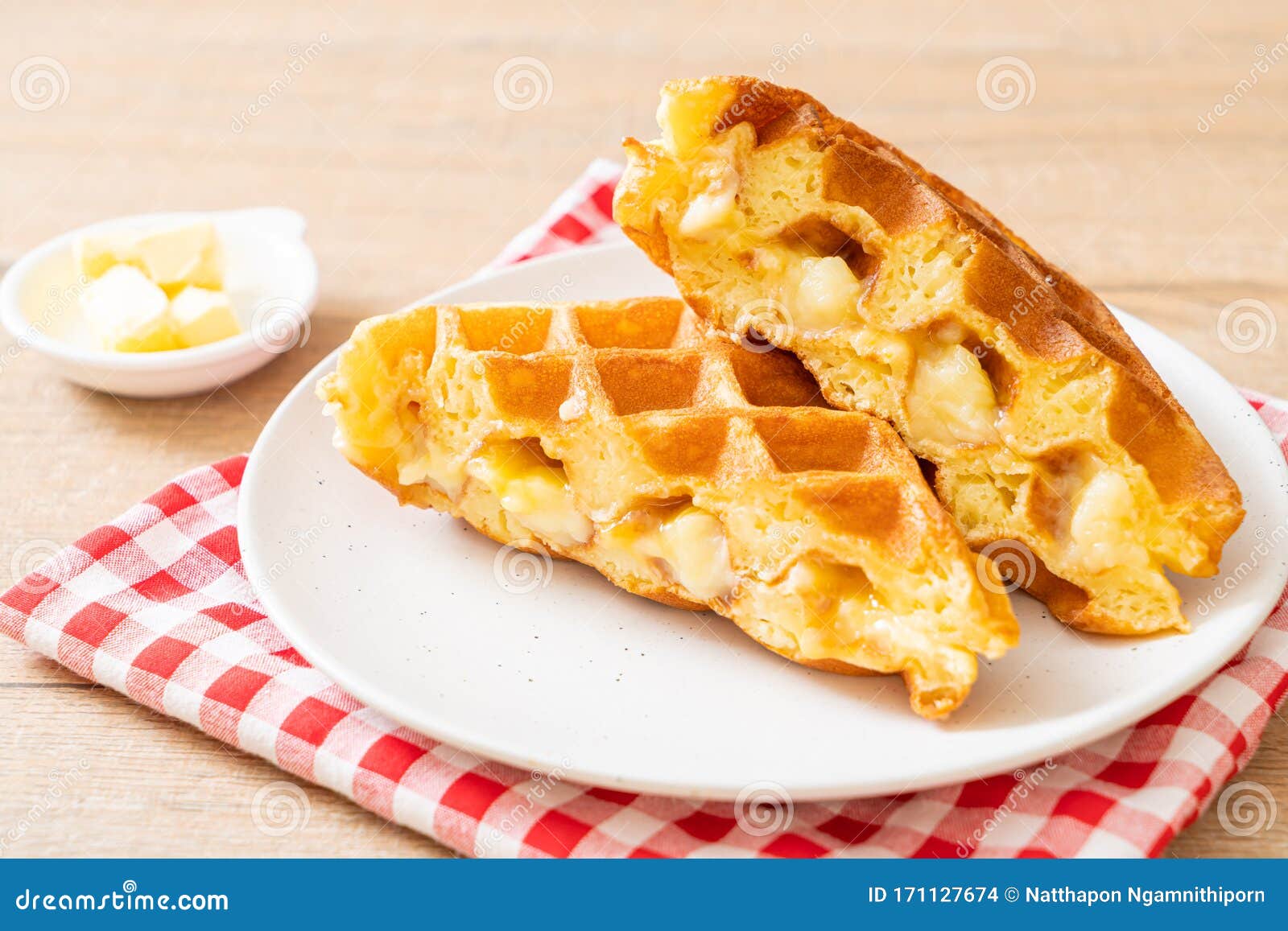 Waffle with custard cream stock photo. Image of caramel - 171127674