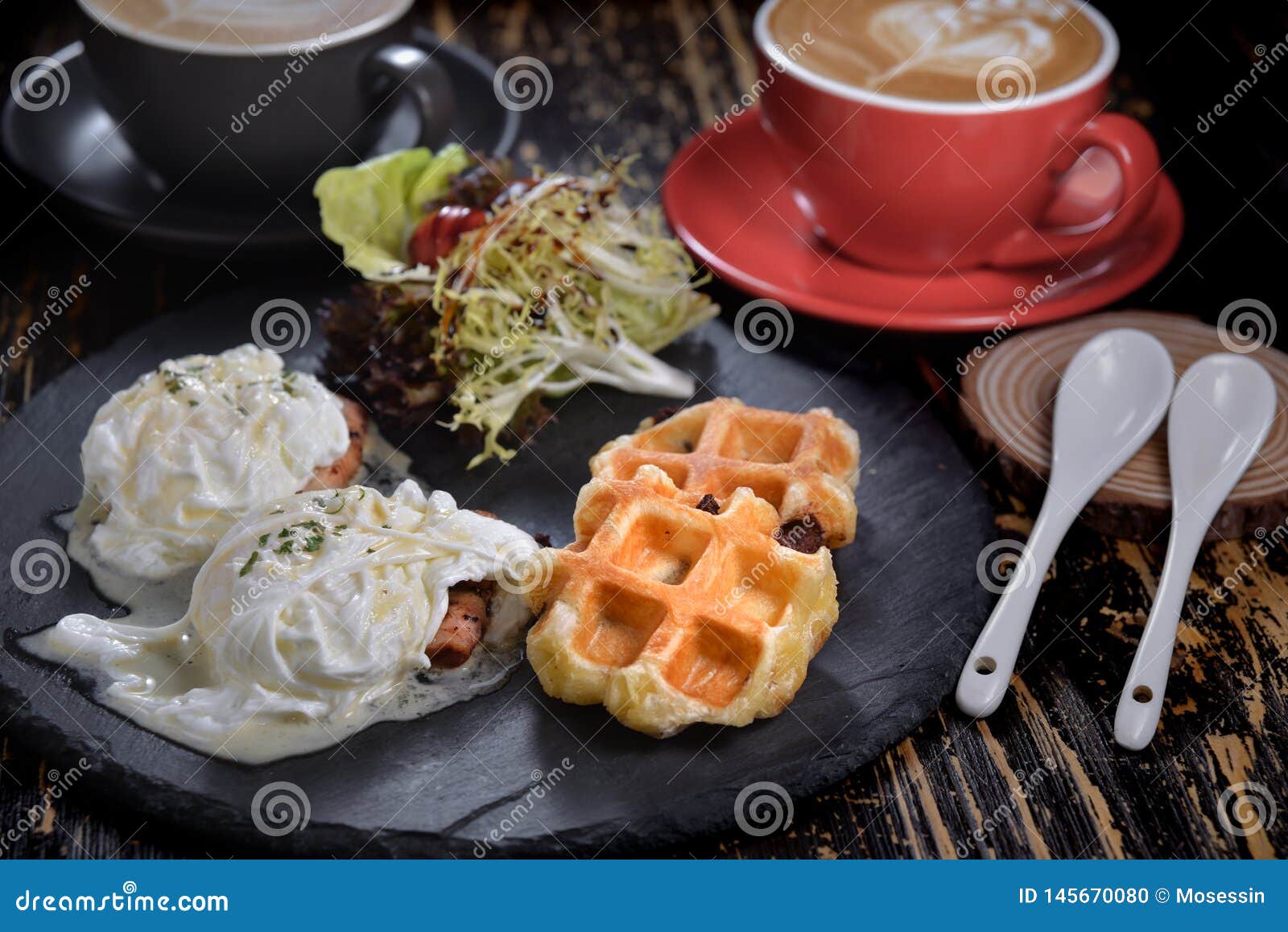 Waffle Egg Benedict Bacon Salad Stock Photo - Image of pouched ...