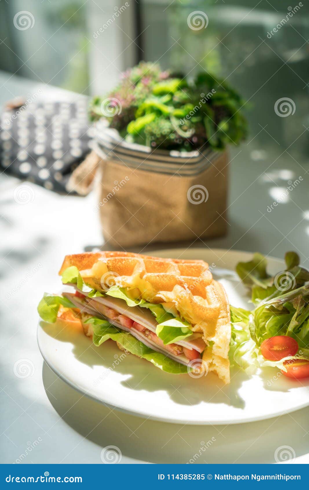 Waffle ham cheese sandwich stock image. Image of plate - 114385285