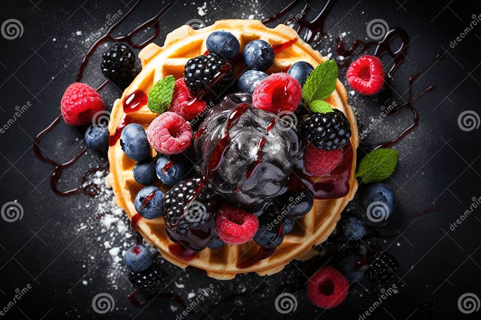 Waffle With Ice Cream And Fresh Berries Belgian Waffle With Ice Cream
