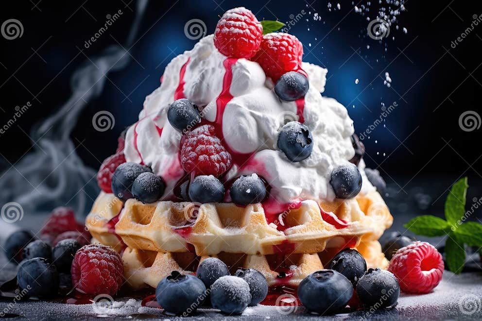 Waffle With Ice Cream And Fresh Berries Belgian Waffle With Ice Cream