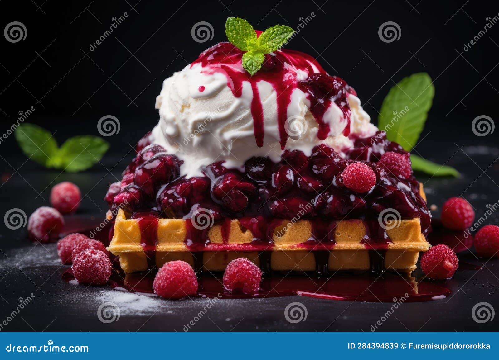 Waffle With Ice Cream And Fresh Berries Belgian Waffle With Ice Cream
