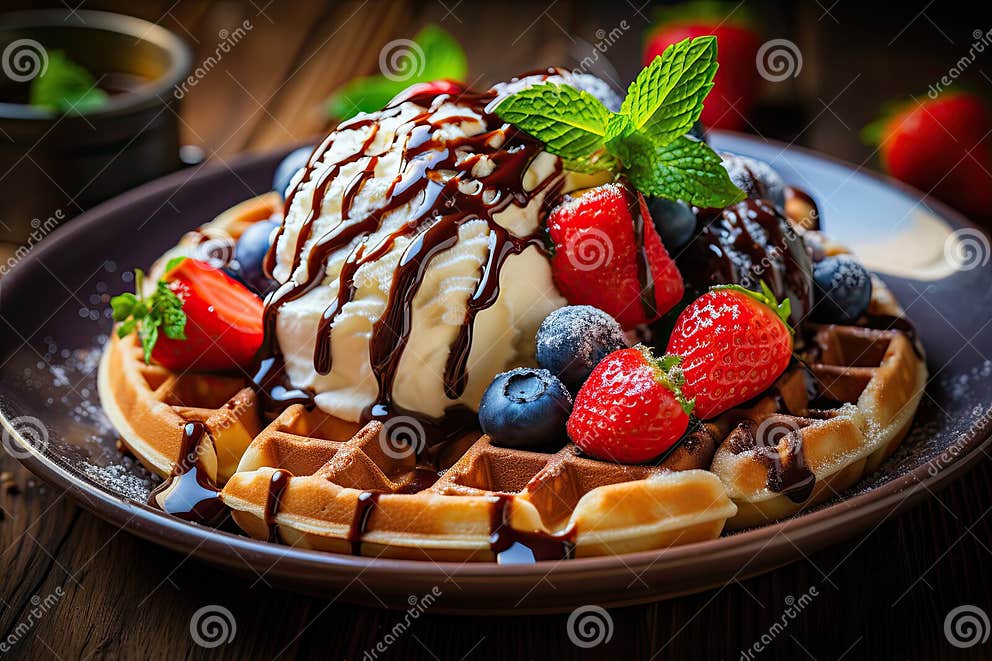Waffle With Ice Cream And Fresh Berries Belgian Waffle With Ice Cream