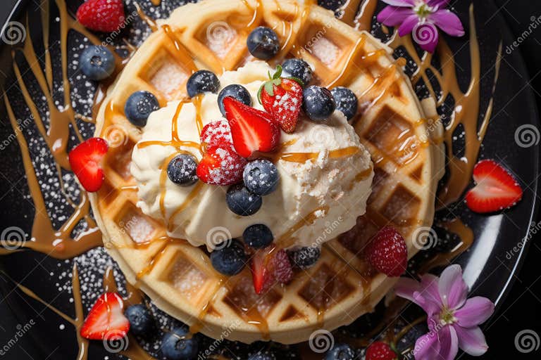 Waffle With Ice Cream And Fresh Berries Belgian Waffle With Ice Cream