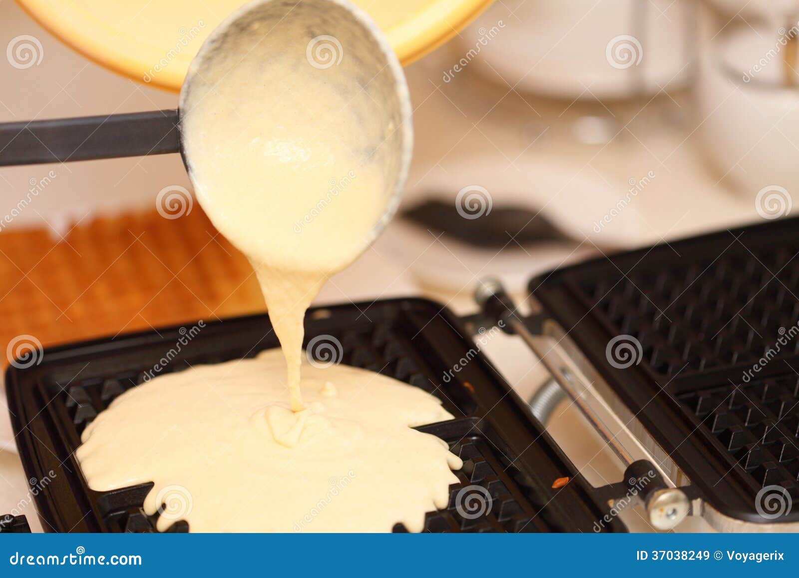 Waffle Iron Preparing Waffles in Kitchen Stock Image - Image of belgian ...