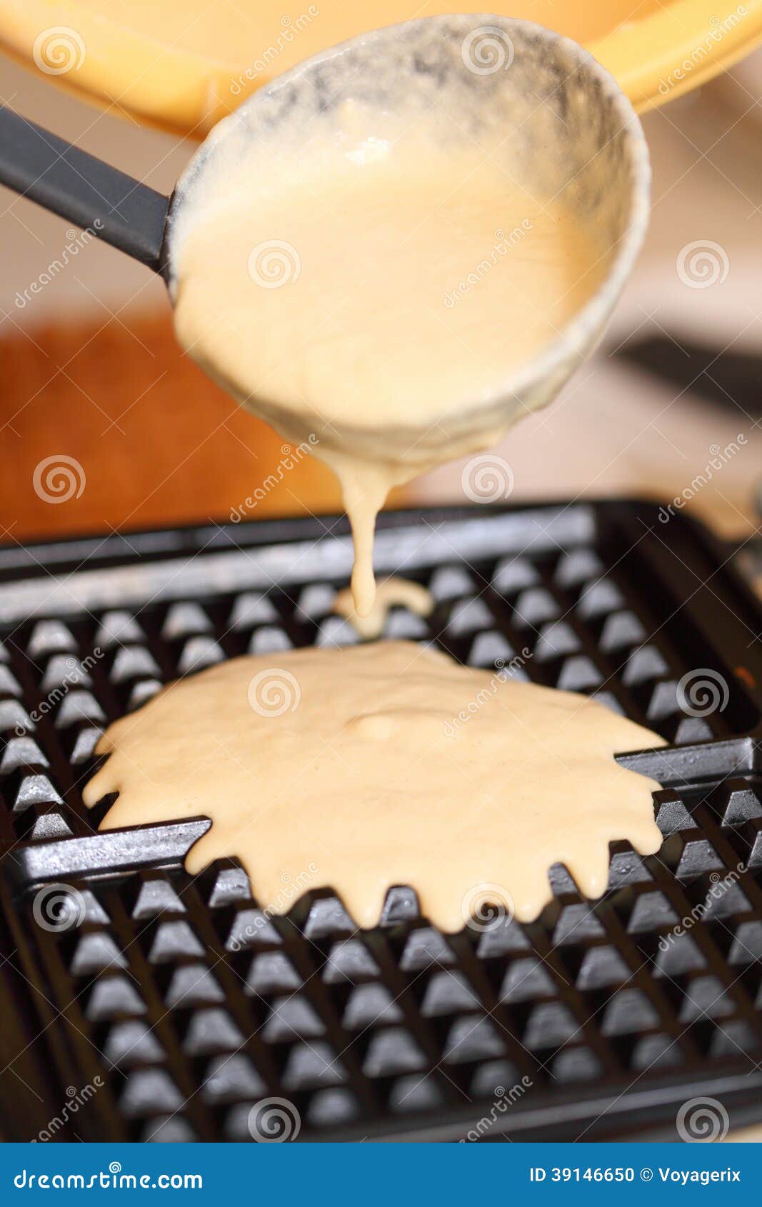 Waffle Iron Preparing Waffles in Kitchen Stock Photo - Image of treat ...