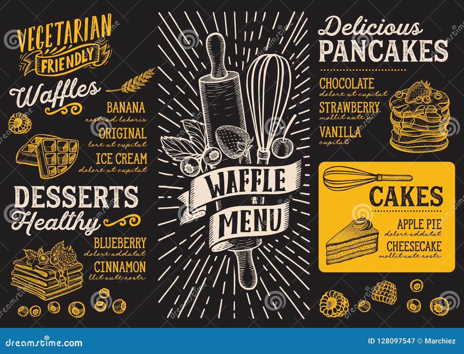 Waffle and Pancake Menu Template for Restaurant with Doodle Hand Stock ...