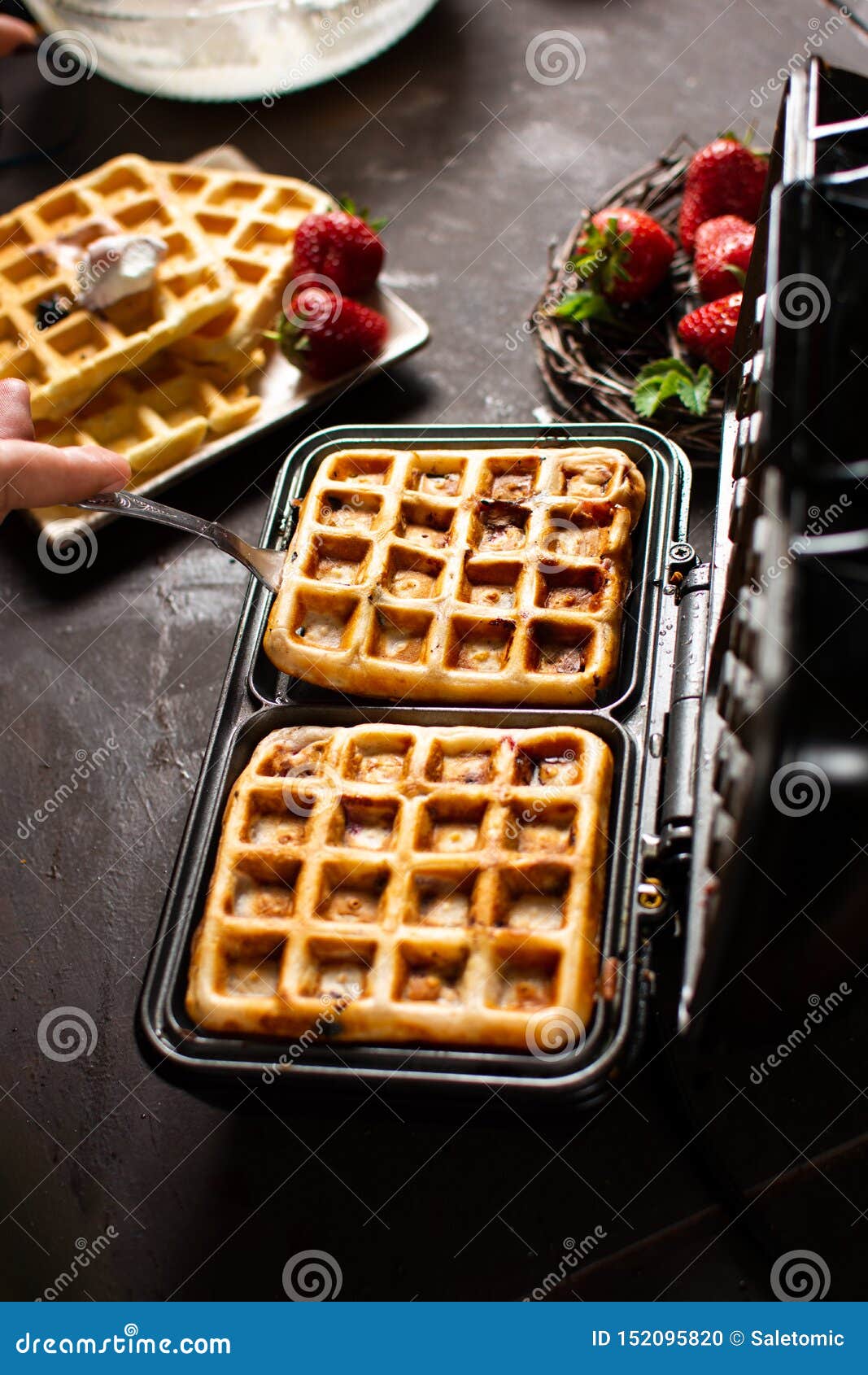 Waffle Pastry Baking on a Waffle Maker Close Up Stock Photo - Image of ...