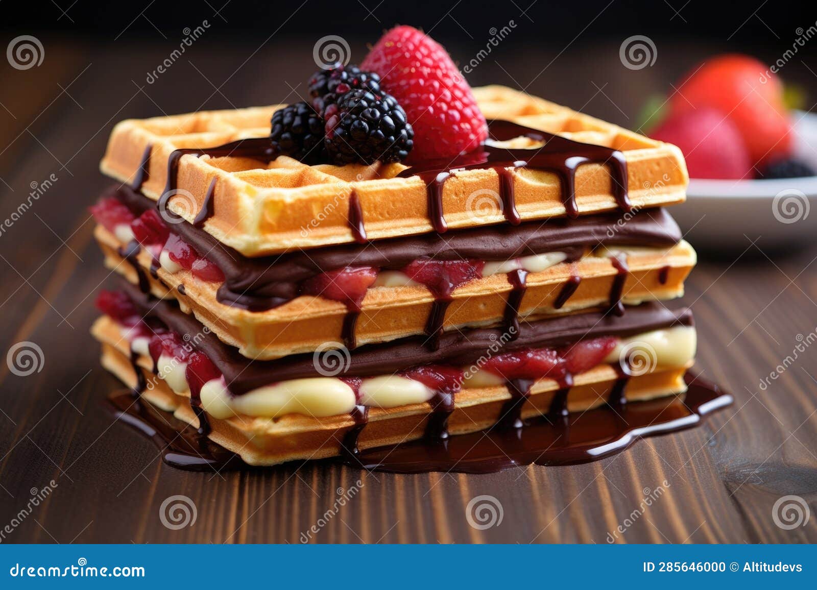 Waffle Sandwich Filled with Chocolate and Fruits Stock Photo - Image of ...