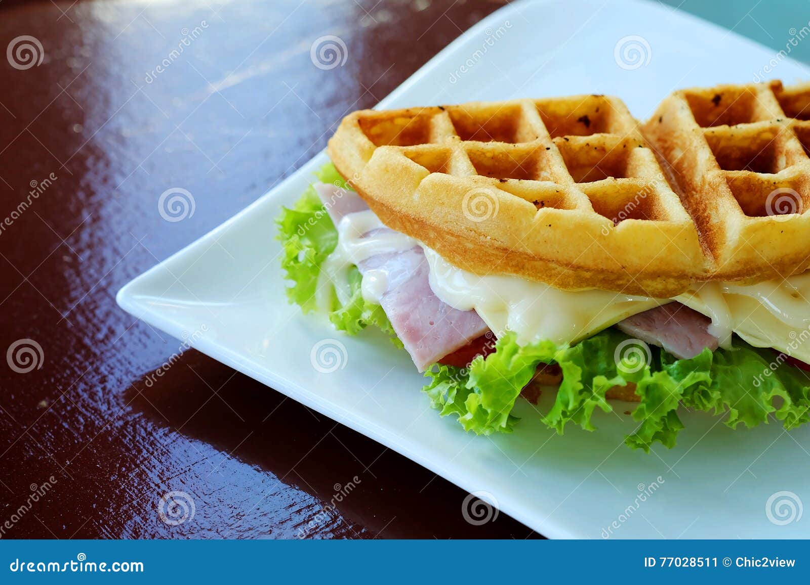 Waffle Sandwich with Ham and Cheese Served Stock Image - Image of ...