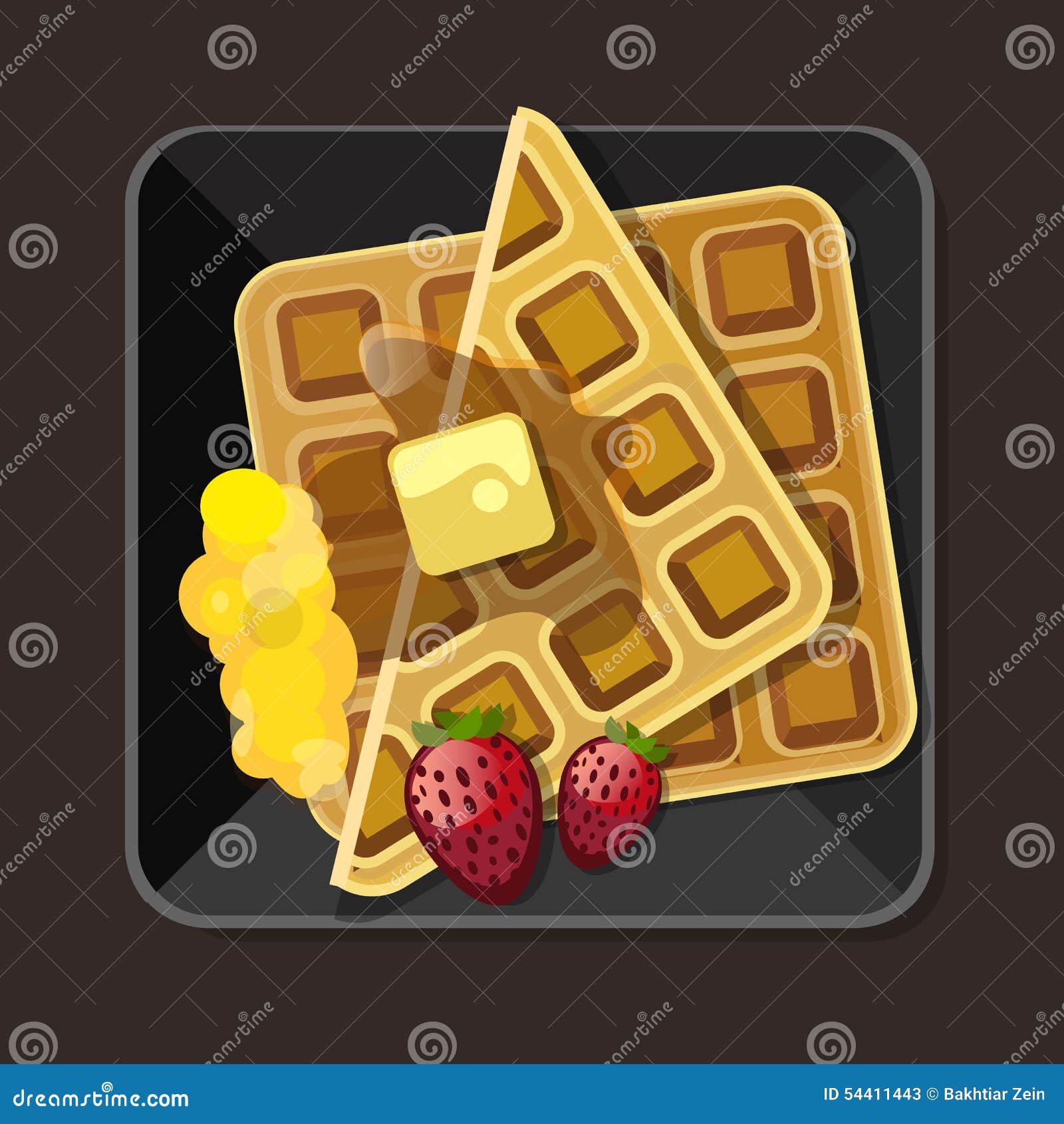 Waffle with Syrup Butter Strawberry Plate Stock Vector - Illustration ...