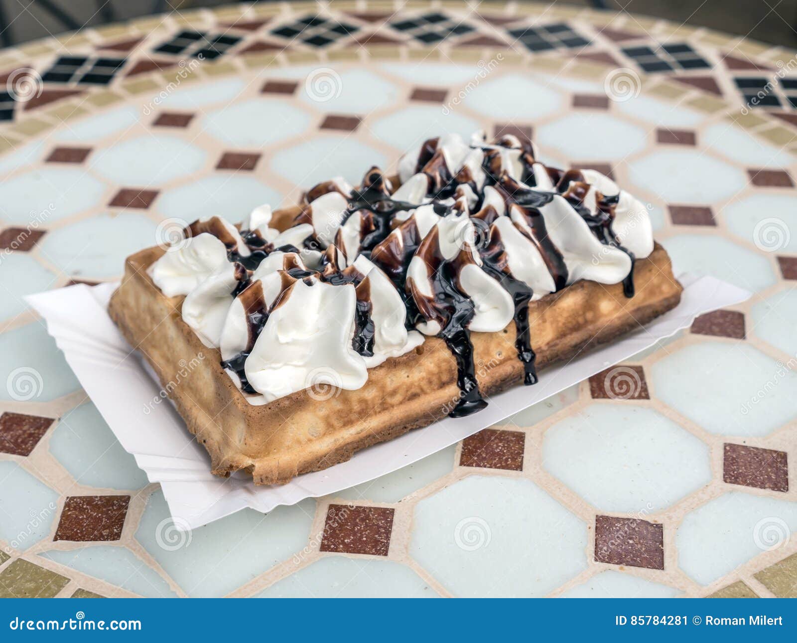 Waffle with Whipped Cream and Chocolate Syrup Stock Image - Image of ...
