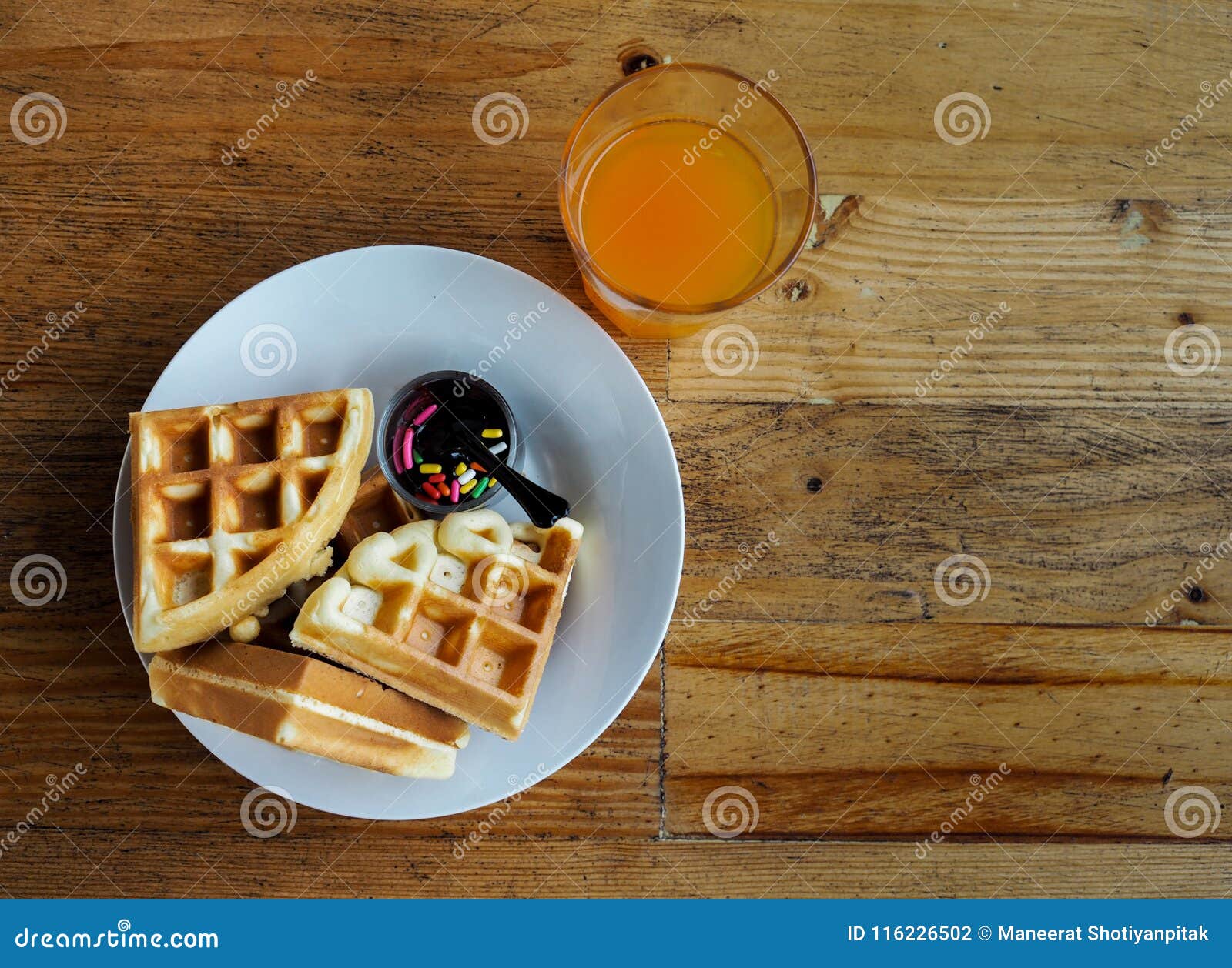 Waffles with Chocolate Sauce Isolated and Orange Juice Stock Photo ...