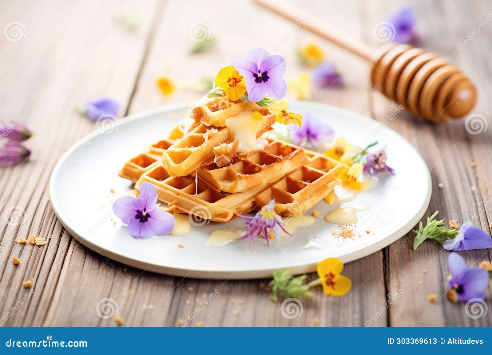 Waffles With Edible Flowers And Honeycomb, Elegant Plating Stock Image ...