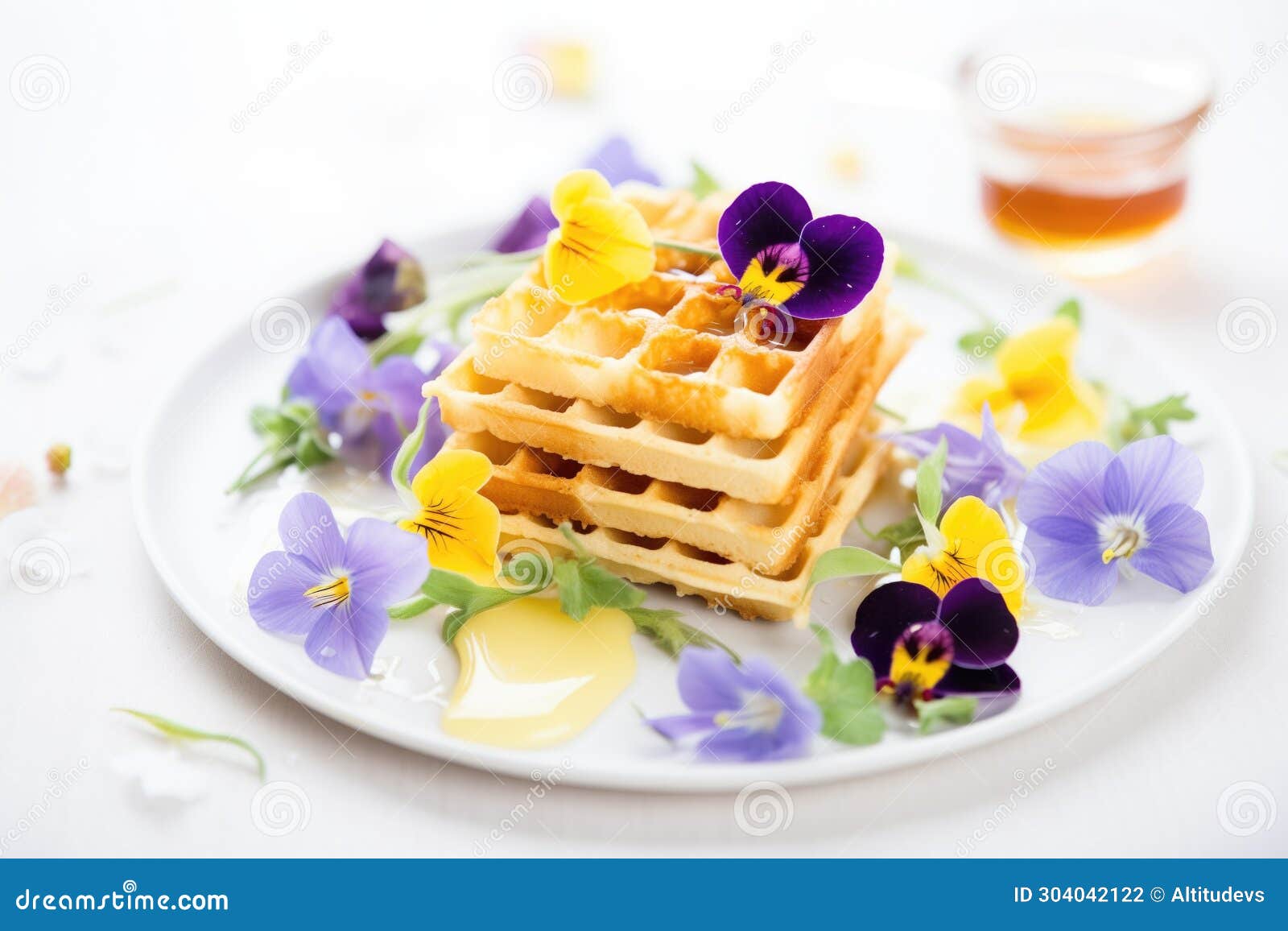 Waffles with Edible Flowers and Honeycomb, Elegant Plating Stock Photo ...