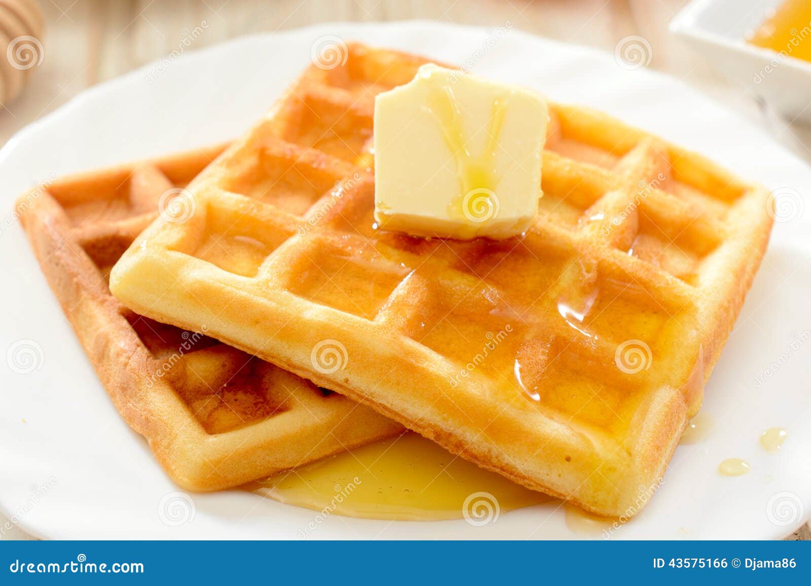 Waffles with Honey and Butter Stock Photo - Image of culture, powdered ...