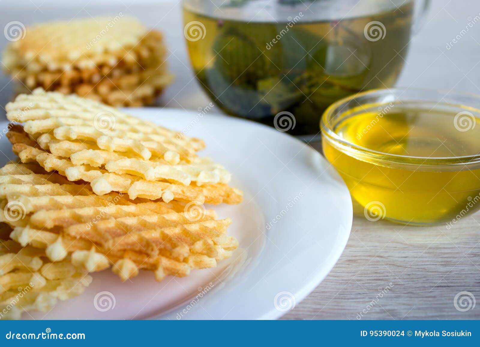 Waffles with Honey and Cup of Tea Stock Photo - Image of freshness ...