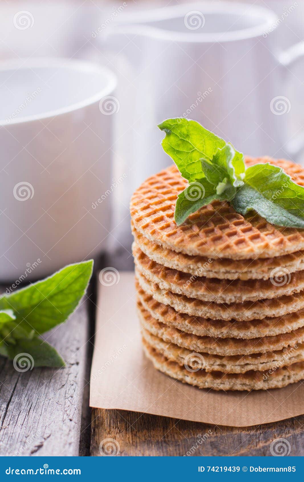 Waffles with Peppermint and Tea with Milk for Breakfast Stock Image ...