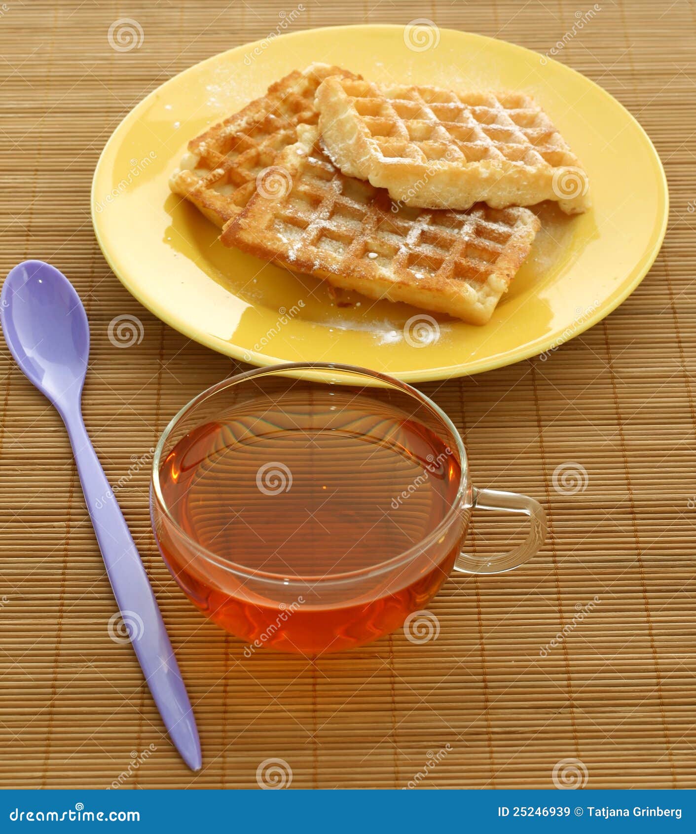 Waffles on Plate and Cup of Tea Stock Image - Image of sweet, lunch ...