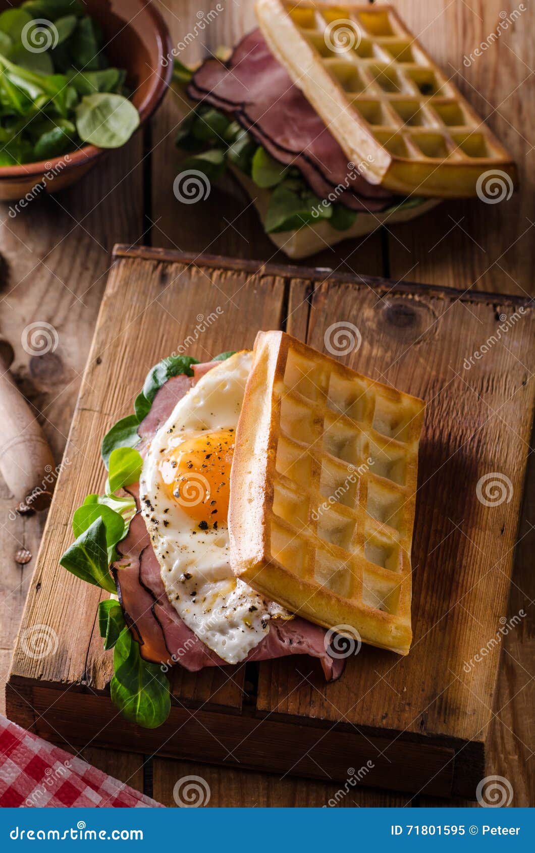 Waffles sandwich with eggs stock image. Image of belgian - 71801595