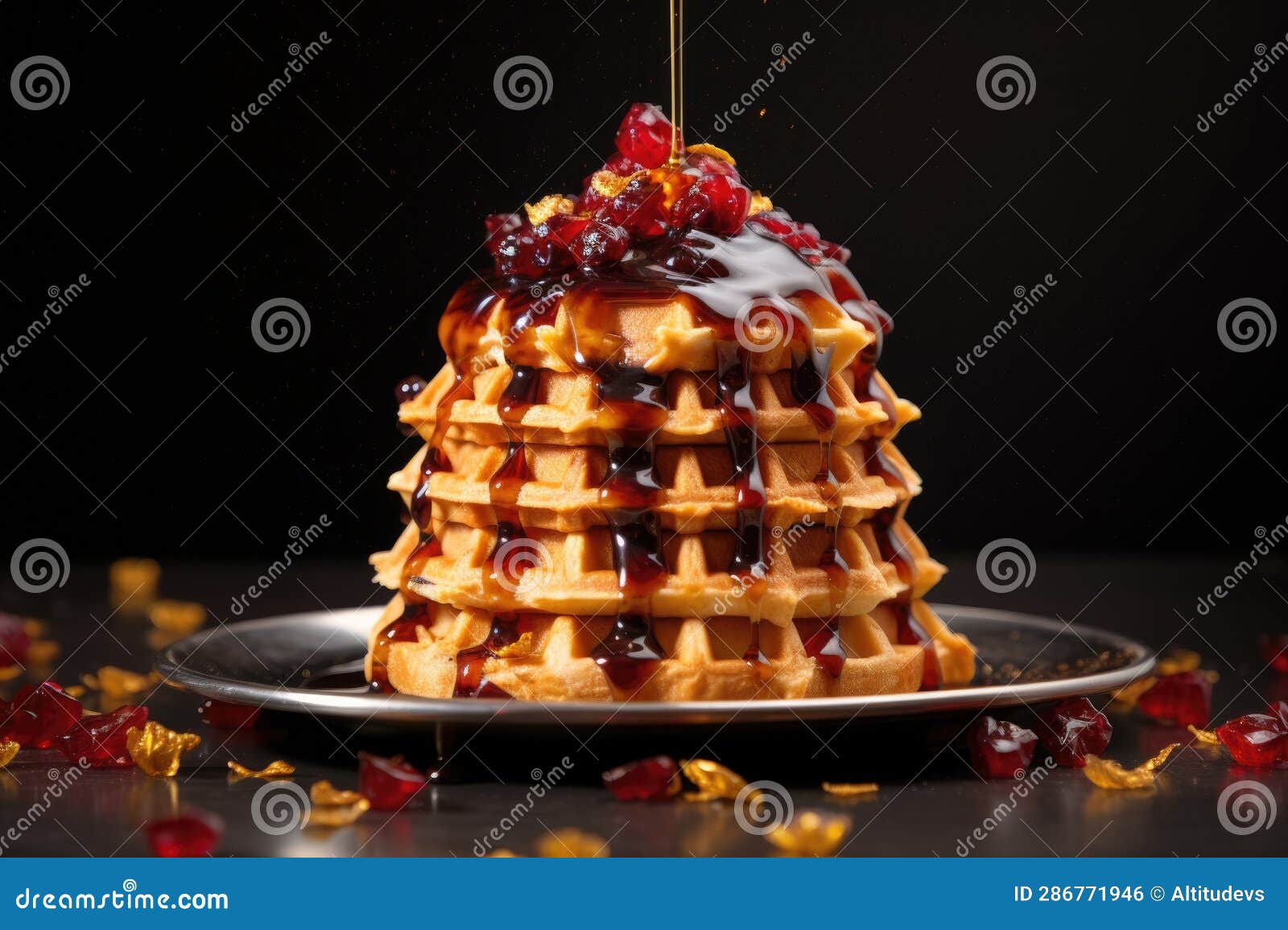 Waffles Stacked in a Tower, Drizzled with Syrup Stock Photo - Image of ...