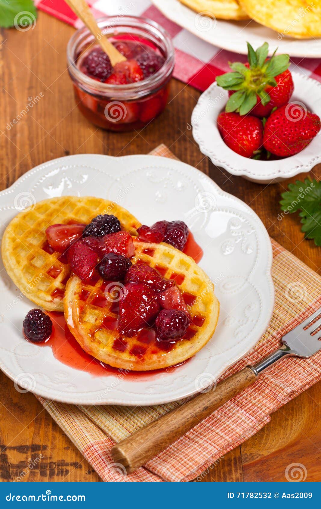 Waffles with Strawberry Syrup Stock Photo - Image of pastry, plate ...