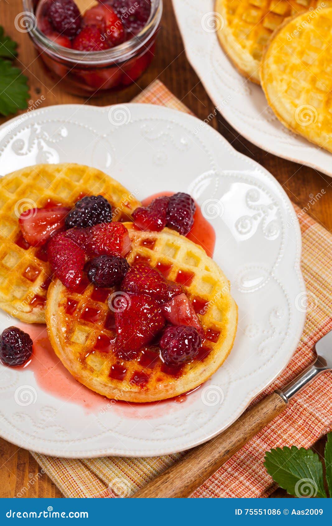 Waffles with Strawberry Syrup Stock Photo - Image of sugar, blackberry ...