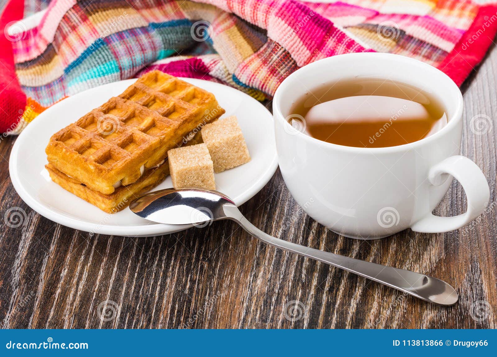 Waffles, Sugar Cubes on Saucer, Cup of Tea, Spoon Stock Photo - Image ... Waffles, Sugar Cubes on Saucer, Cup of Tea, Spoon Stock Photo - Image ...