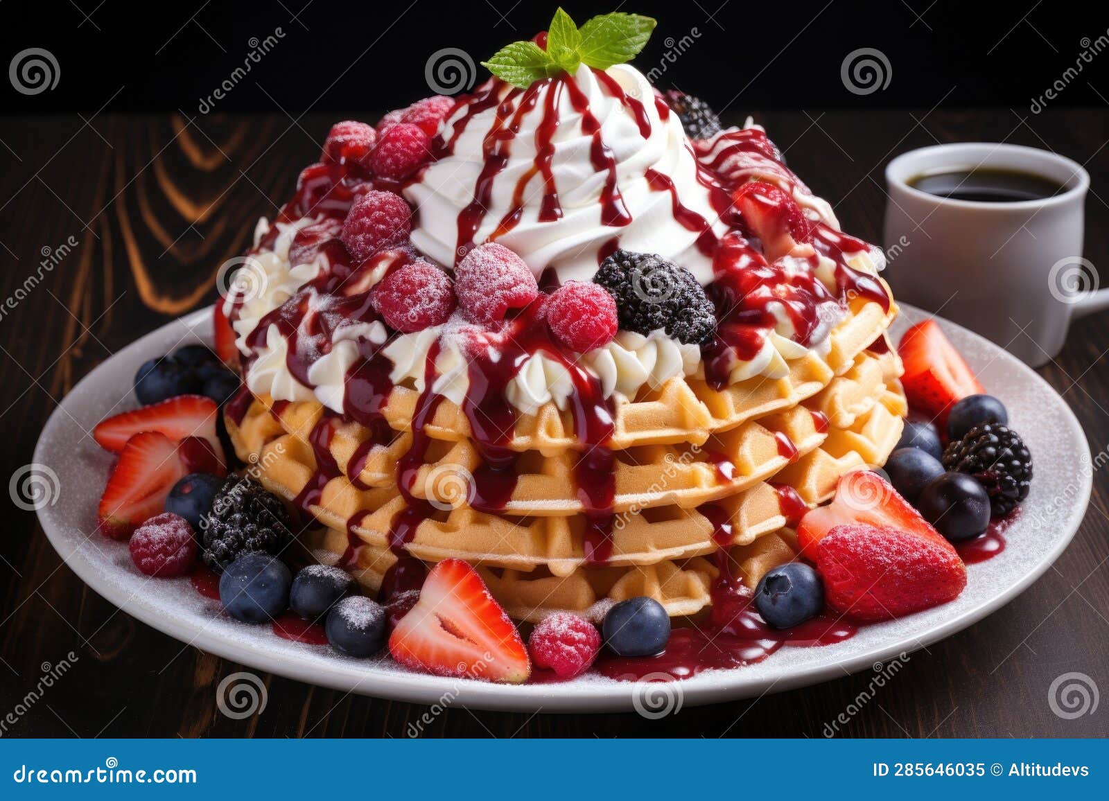 Waffles with Various Toppings: Fruits, Syrup, and Whipped Cream Stock ...